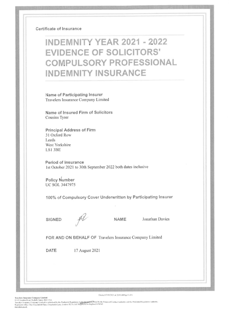 Professional indemnity insurance - Cousins Tyrer Leeds